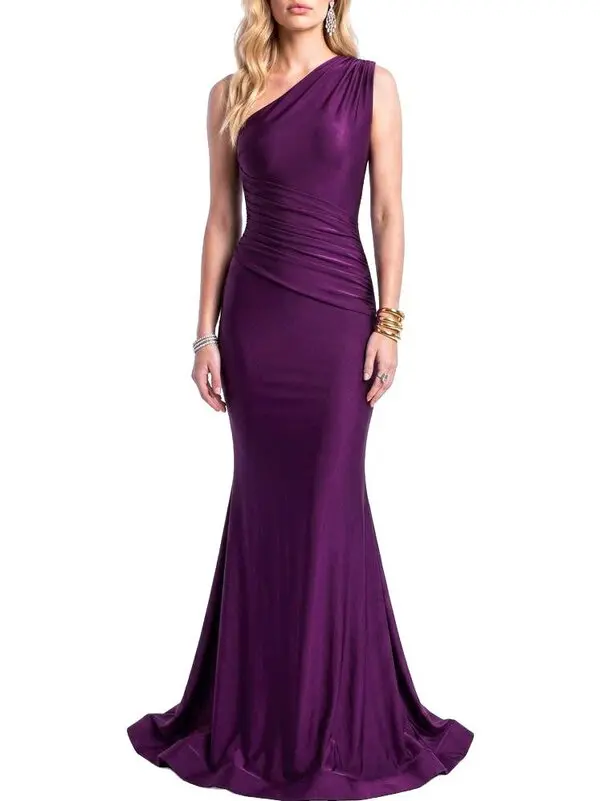 JESSICA ANGEL One Shoulder Ruched Mermaid Gown - Grape