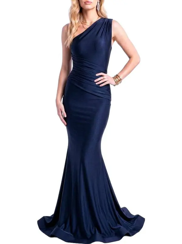 JESSICA ANGEL One Shoulder Ruched Mermaid Gown - Navy