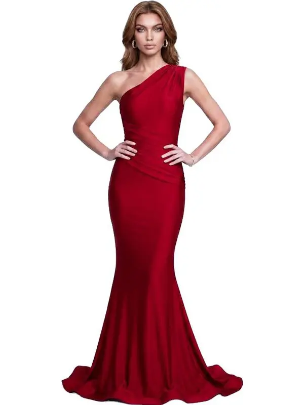 JESSICA ANGEL One Shoulder Ruched Mermaid Evening Gown - Red