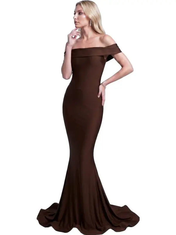 JESSICA ANGEL Off-the-shoulder Sculpted Mermaid Gown - Brown