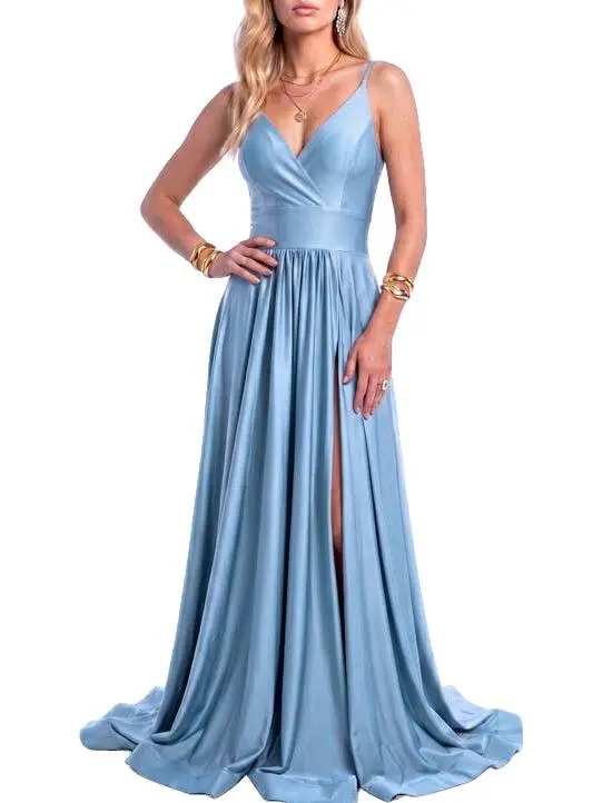 JESSICA ANGEL Cross Front Neck Empire Waist Satin Gown - Atlantic Blue