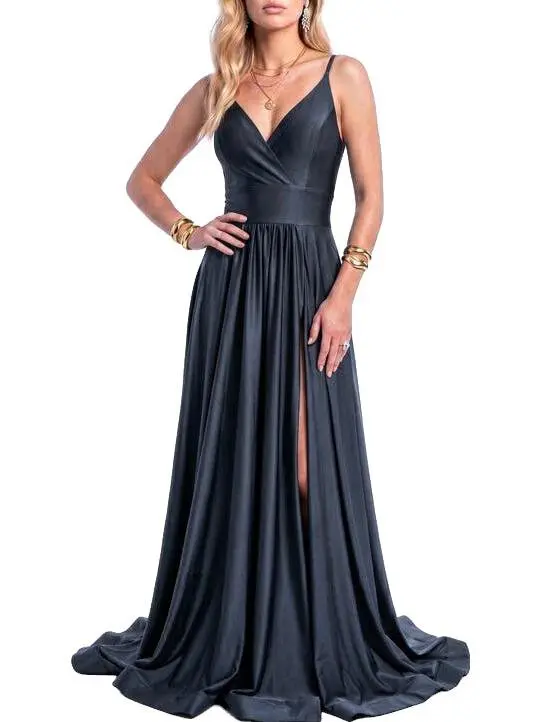 JESSICA ANGEL Cross Front Neck Empire Waist Satin Gown - Black