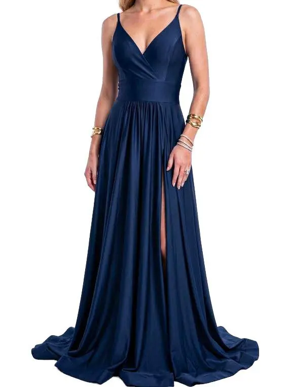 JESSICA ANGEL Cross Front Neck Empire Waist Satin Gown - Navy