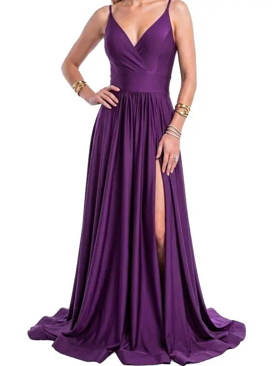 JESSICA ANGEL Cross Front Neck Empire Waist Satin Gown - Plum
