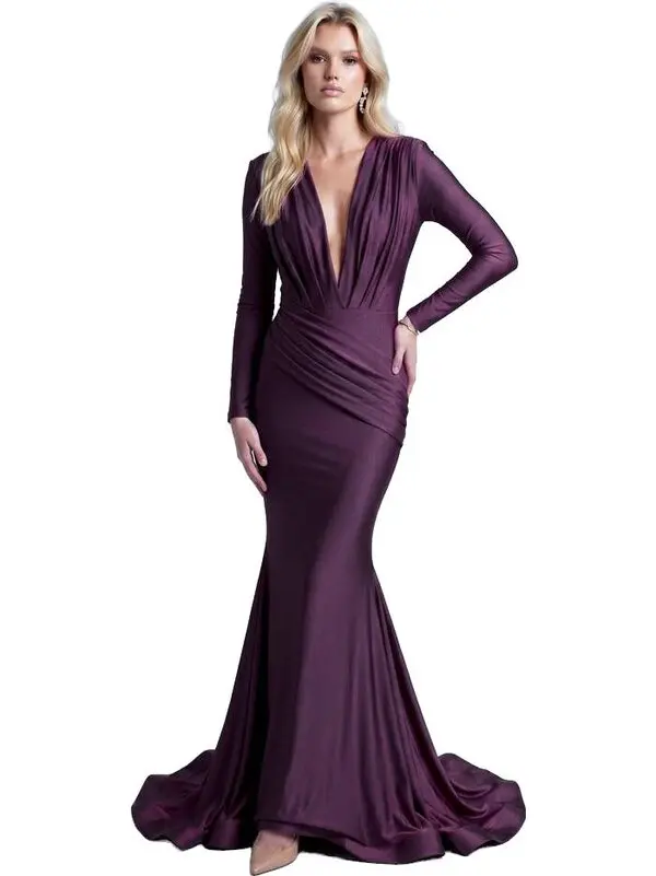 JESSICA ANGEL Long Sleeve Plunge V-neck Ruched Mermaid Gown - Grape