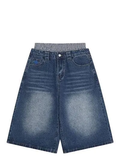AELFRIC EDEN Double Waist Longline Denim Shorts - Dark Bule