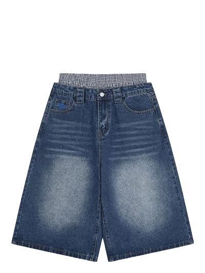 AELFRIC EDEN Double Waist Longline Denim Shorts - Dark Bule