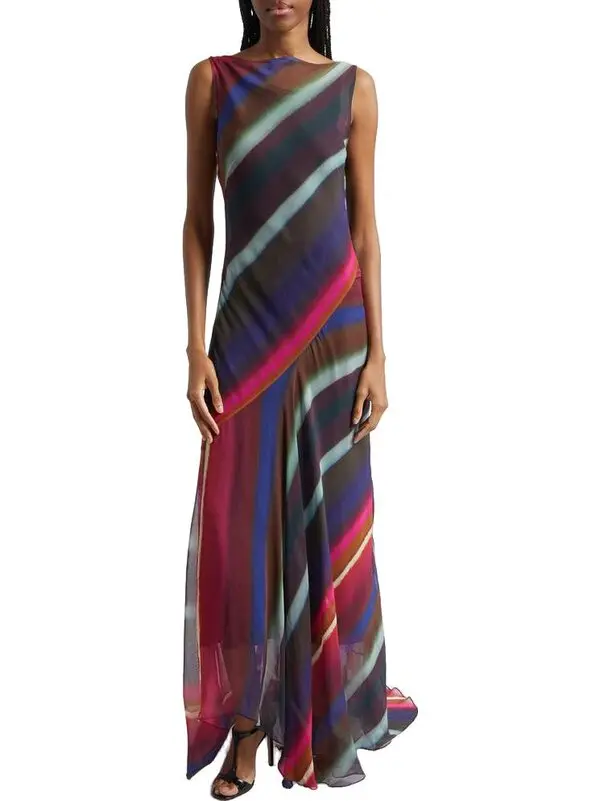 Christopher John Rogers Louie Stripe Cowl Back Bias Crinkle Chiffon Gown - Roux