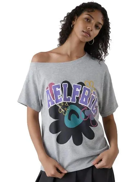 AELFRIC EDEN Floral Graphic Off-the-shoulder Tee - Grey