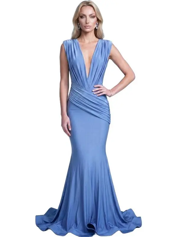 JESSICA ANGEL Sleeveless Plunge Mermaid Gown - Atlantic Blue