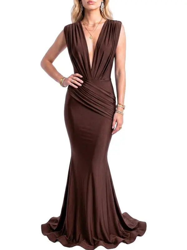 JESSICA ANGEL Sleeveless Plunge Mermaid Gown With Ruched Detailing - Brown