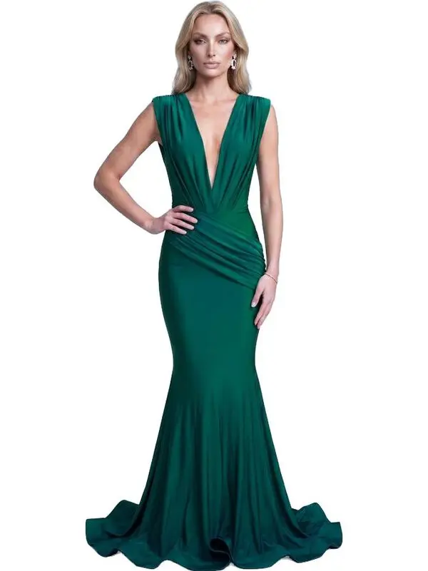 JESSICA ANGEL Sleeveless Plunge Mermaid Gown - Forest Green