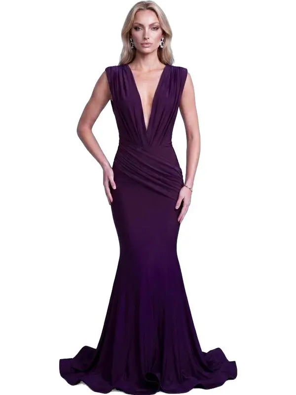 JESSICA ANGEL Sleeveless Plunge Mermaid Gown - Grape
