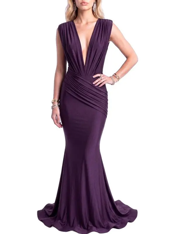 JESSICA ANGEL Sleeveless Plunge Mermaid Gown With Ruched Detailing - Grape