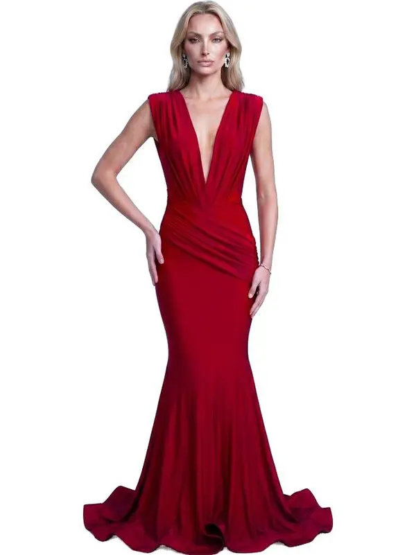 JESSICA ANGEL Sleeveless Plunge Mermaid Gown - Red