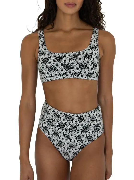 Geode Swimwear Daisy Textured Floral Square Neck Bikini Top - Black