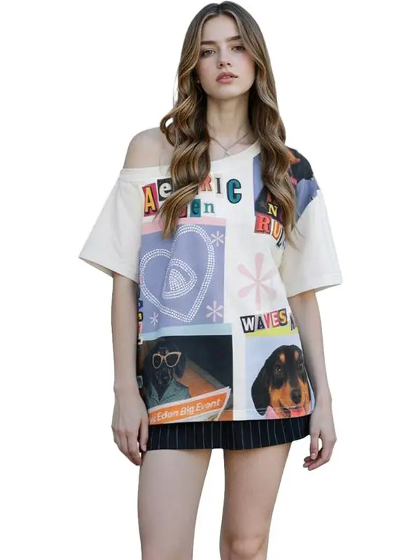 AELFRIC EDEN Dachshund Collage Off-the-shoulder T-shirt - White
