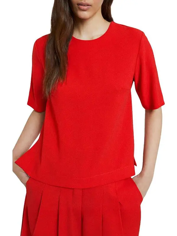 OTTOD'AME Solid Crewneck Short Sleeve Blouse With Keyhole Detail - Red