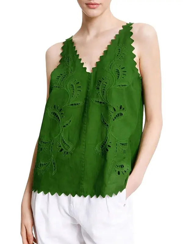 OTTOD'AME Sleeveless V-neck Cotton Top With Cutwork Embroidery - Matcha