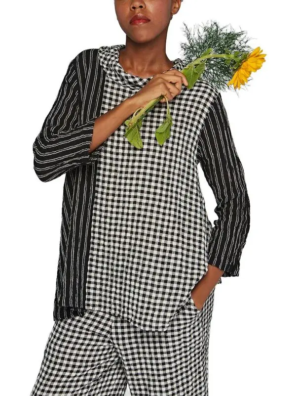 LUUKAA Illustra Checkered And Striped Gauze Linen Blouse - Black