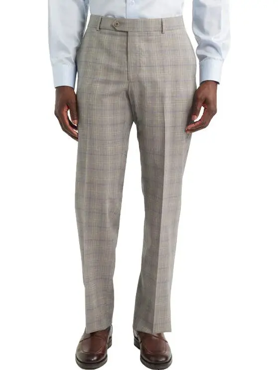 Berle Light Grey Plaid Flat Front Wool Dress Pants - Sand