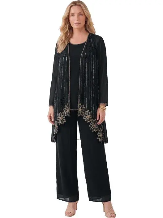 ROAMAN'S Floral Beaded Georgette Three-piece Pant Set - Black