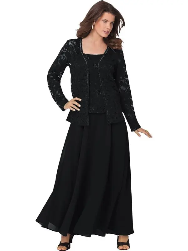 Roaman's Two-piece Embellished Lace Jacket And Gown - Black