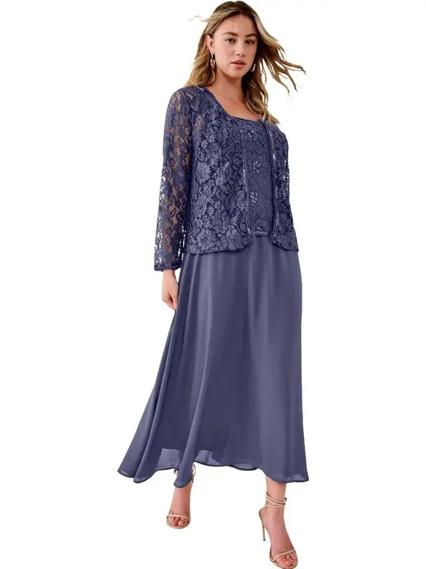 ROAMAN'S Two-piece Embellished Lace Jacket And Gown - Deep Dusk