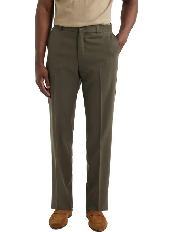 Berle Nano Reflex Solid Flat Front Dress Pants - Dark Olive