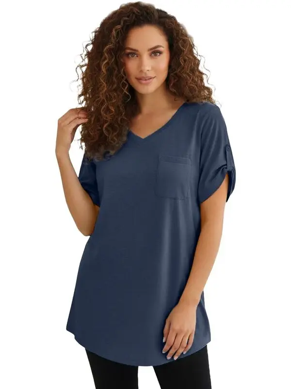 Roaman's Slub V-neck Boyfriend Tunic Top - Navy