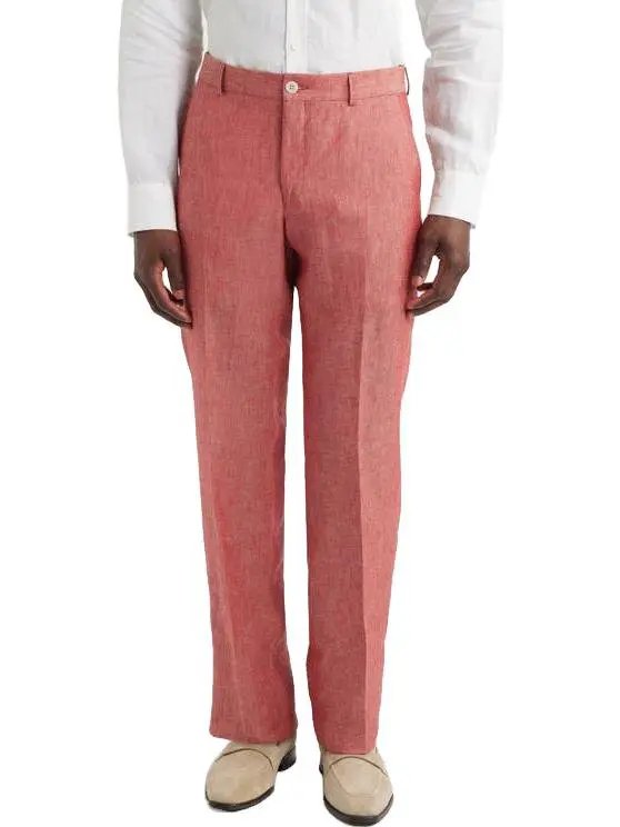 Berle Flat Front Slub Linen Chambray Dress Pants - Red