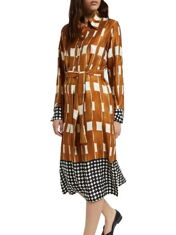 OTTOD'AME Viscose Midi Shirt Dress With Geometric Print And Sash - Brown