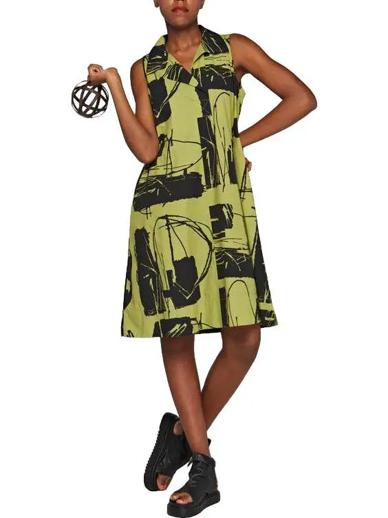 LUUKAA Evadne Printed Sleeveless Cotton Poplin Shirt Dress - Lime