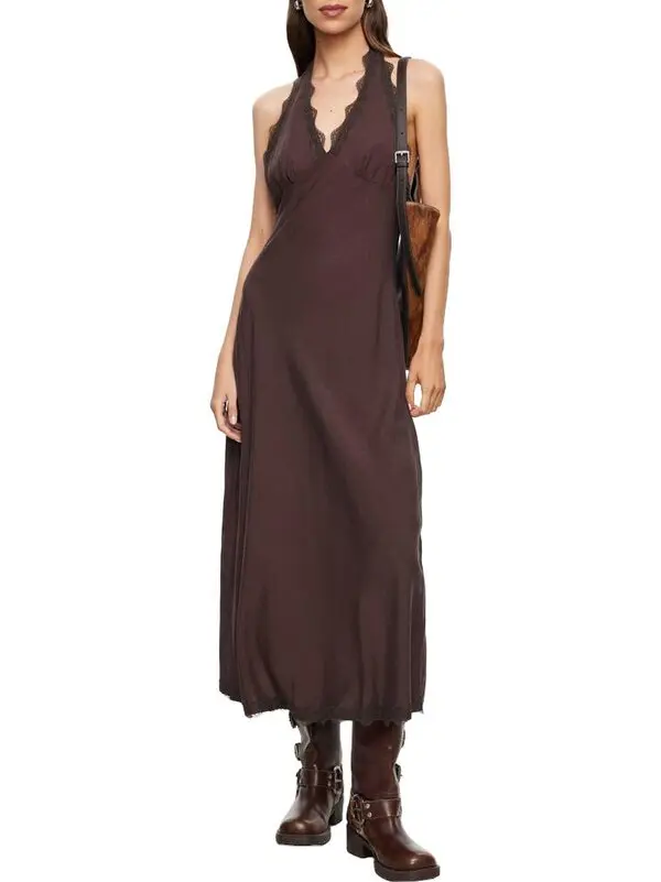 Lioness Stars Align Lace Trim Linen Blend Halter Midi Dress - Brown