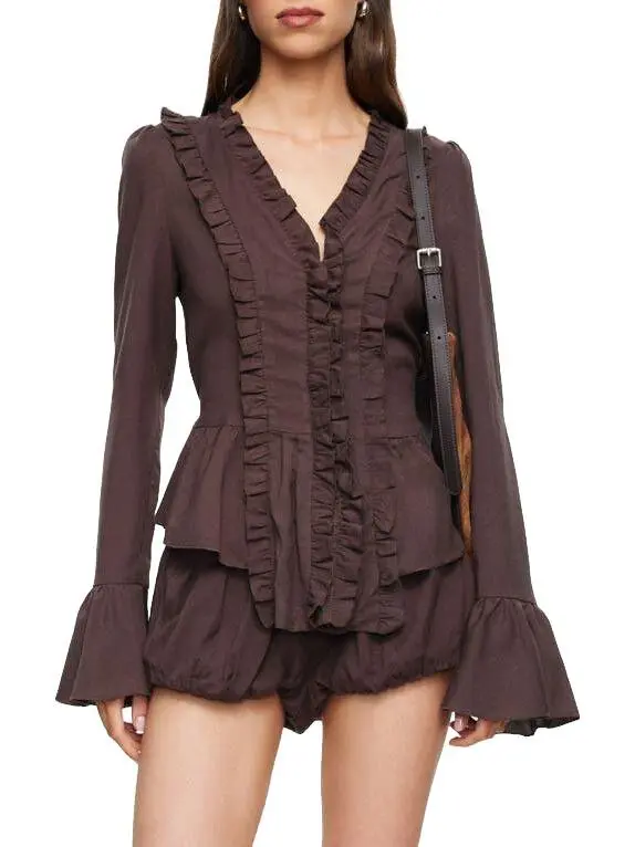 Lioness Odette Ruffle Bell Sleeve Top - Brown