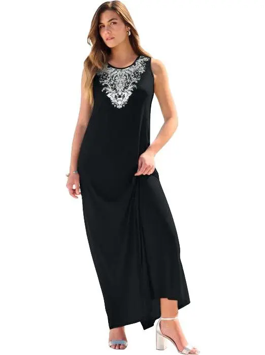 ROAMAN'S Sleeveless Crewneck Maxi Dress - Black Silver Scroll