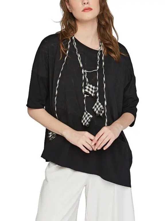 LUUKAA Devoré Cotton Jersey Blouse With Drop Shoulder And Round Neck - Black
