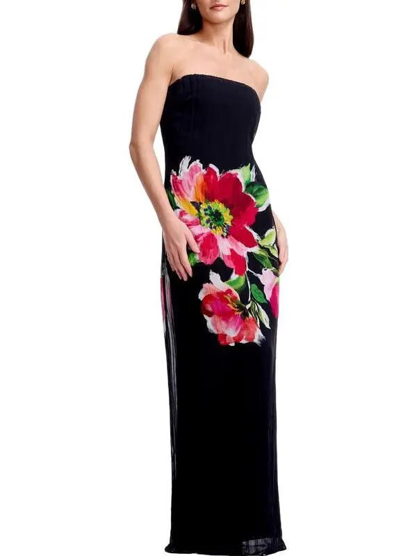 Dress The Population Floral Strapless Gown - Black Multi