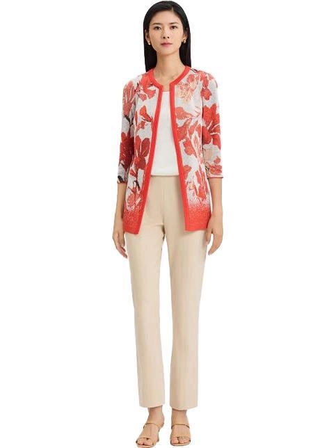 Misook Floral Jacquard Flat Knit Jacket - Cherry/peach/ivory