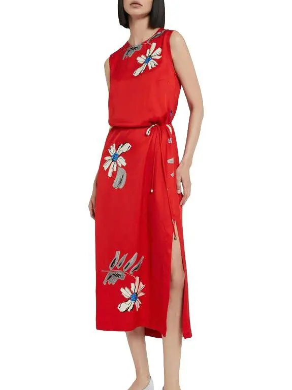 OTTOD'AME Viscose Twill Midi Dress With Floral Print And Slit - Red