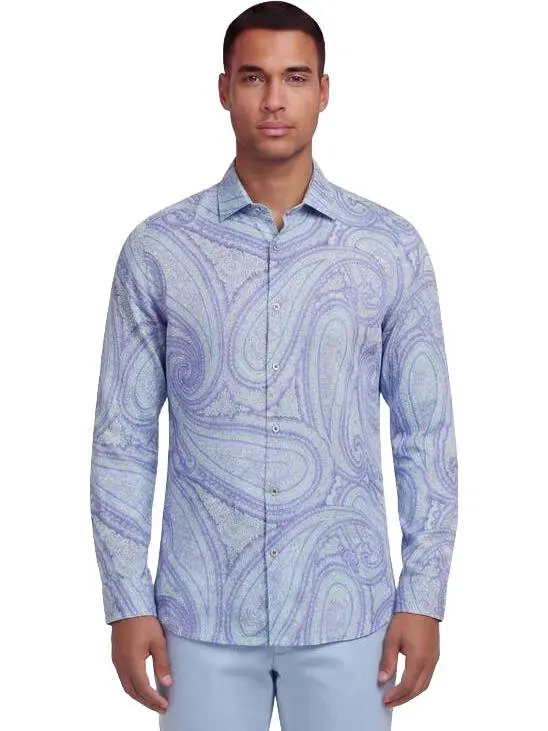 LORDS OF HARLECH Uomo Wild Paisley Oxford Long Sleeve Fine Linen Shirt - Blue