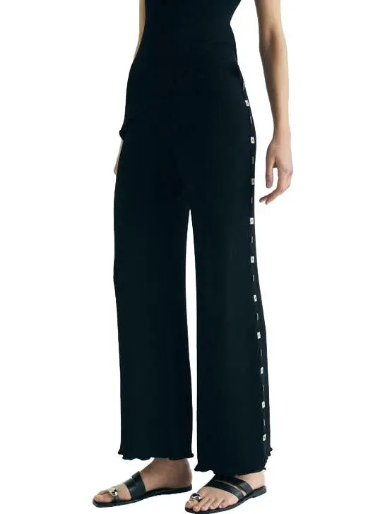 SCALPERS Ribbed Knit Wide Leg Trousers With Side Appliques - Black