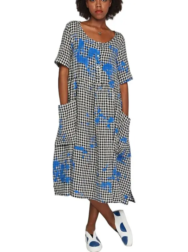 LUUKAA Zane Checkered Gauze Linen Midi Dress With Tie-dye - Blue