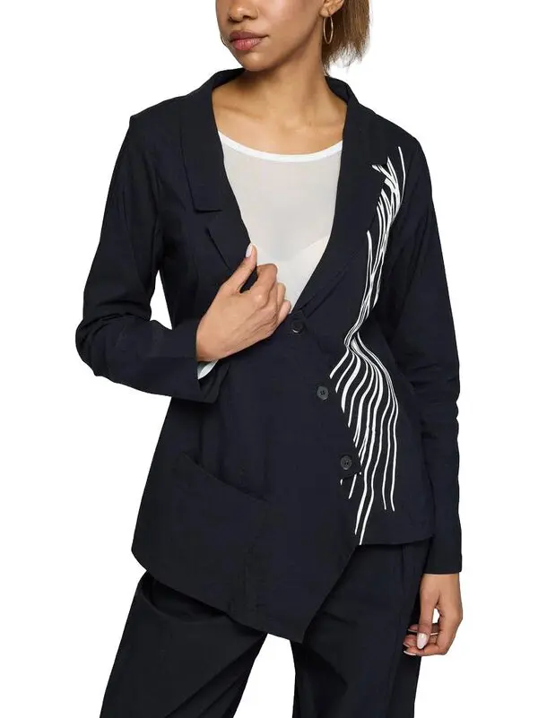 LUUKAA Asymmetric Abstract Print Linen Cotton Blend Jacket - Black