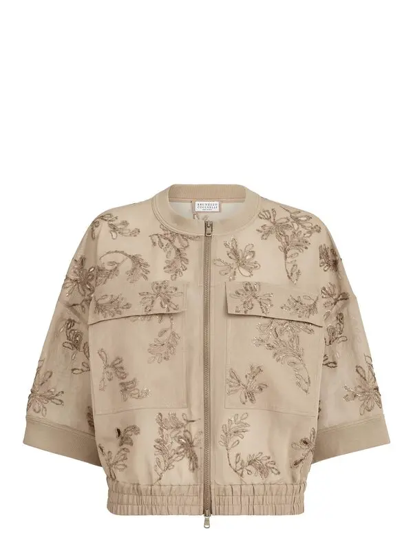Brunello Cucinelli Embellished Cotton Organza Bomber Jacket - Espresso