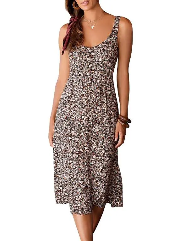 LASCANA Floral Midi Dress With Bow Detail - Brown Multi