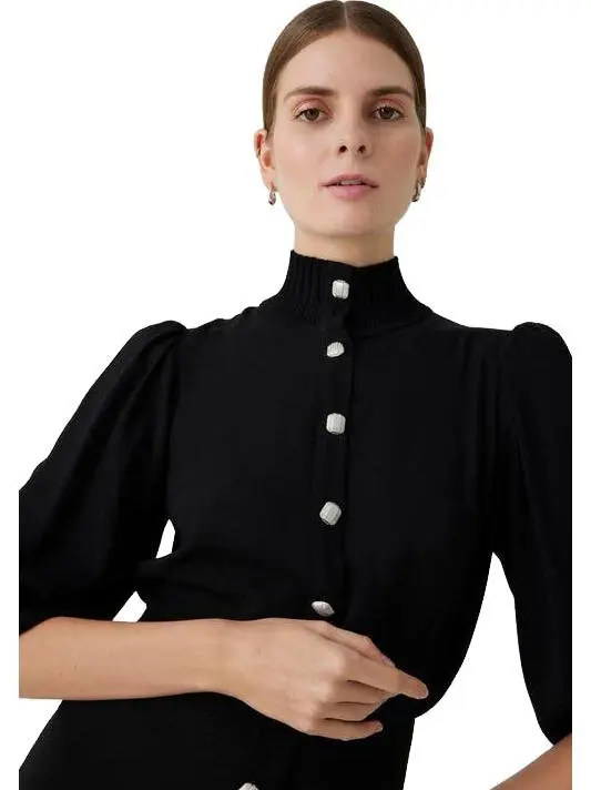 EXQUISE Amanna High Neck Knit Shirt - Black