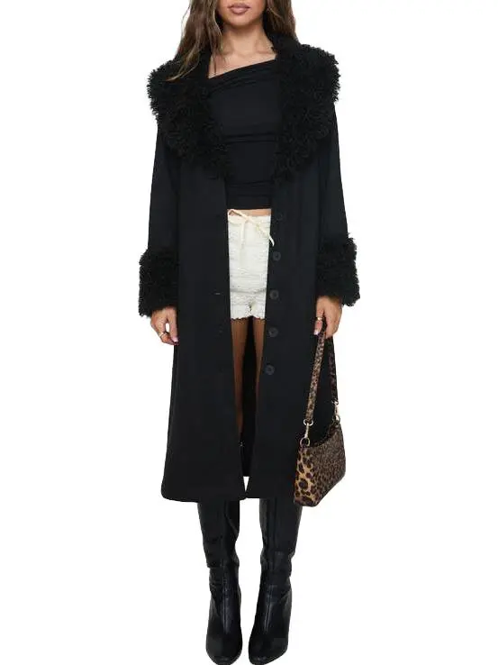 Princess Polly After Party Faux Suede Long Coat With Faux Shearling Trim - Black