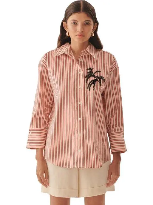 EXQUISE Leia Long Sleeve Shirt With Striped Pattern And Embroidered Detail - Red-bone