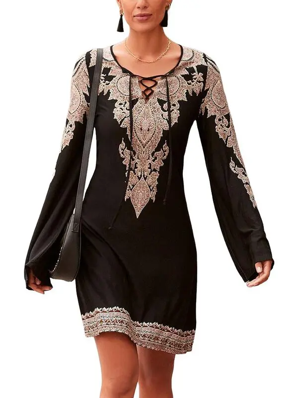 LASCANA Boho Print Lace-up Dress - Black Printed